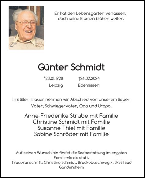 Traueranzeigen von Günter Schmidt trauer anzeigen de