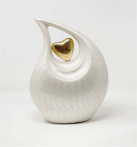 Teardrop White Cremation Urn Metal Modern Brass With Heart Cremation
