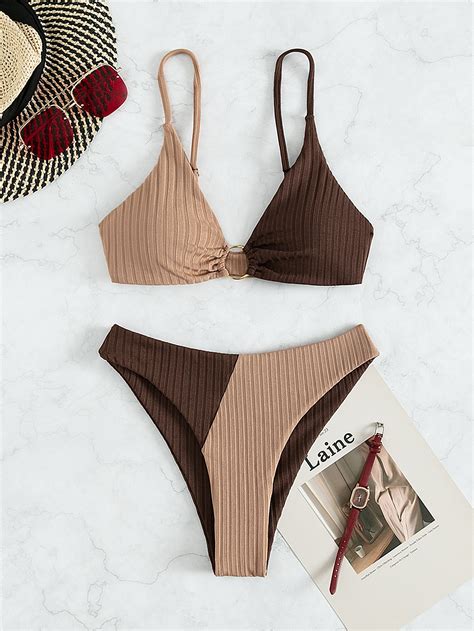 SHEIN Swim Vcay Colorblock Ribbed Bikini Set Ring Linked Cami Bra