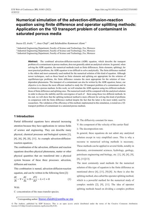 pdf numerical simulation of the advection diffusion reaction equation using finite difference