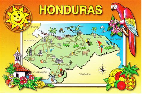 Large Tourist Illustrated Map Of Honduras With Roads And Cities