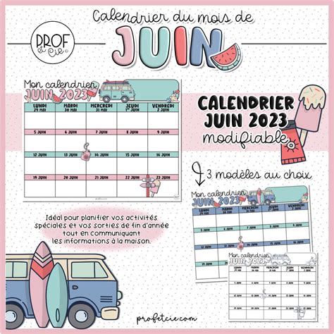 Calendrier Du Mois De Juin 2023 Modifiable