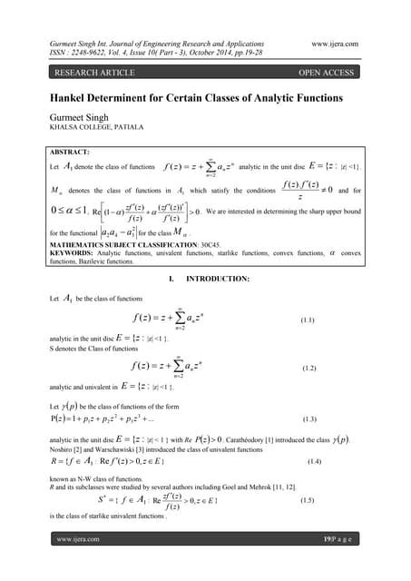 hankel determinent for certain classes of analytic functions pdf