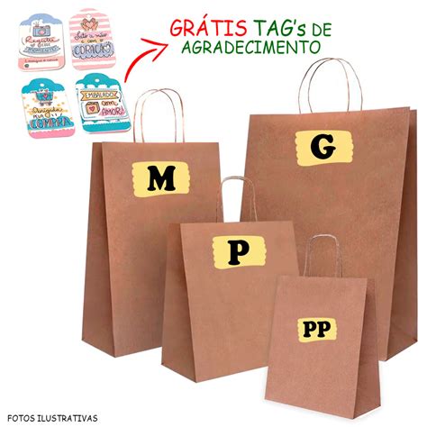 10 Sacola de Papel Kraft Pardo Delivery C Alça brinde TAG de