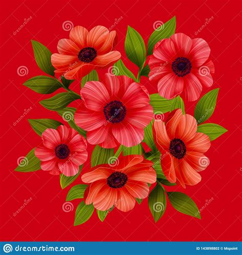 Flores Amapolas Rojas En Fondo Rojo Ilustraci n Del Vector Ilustración