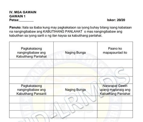 GAWAIN 1 Petsa Iskor 20 20 Panuto Itala Sa Ibaba Kung May