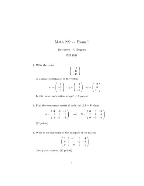 7 questions exam 1 linear algebra math 222 docsity