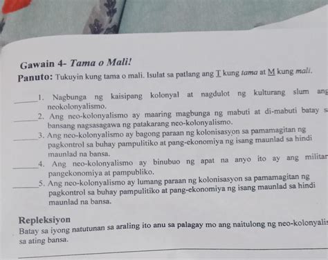 Gawain Panuto Tukuyin Kung Tama O Mali Isulat Sa Patlang Ang T Kung