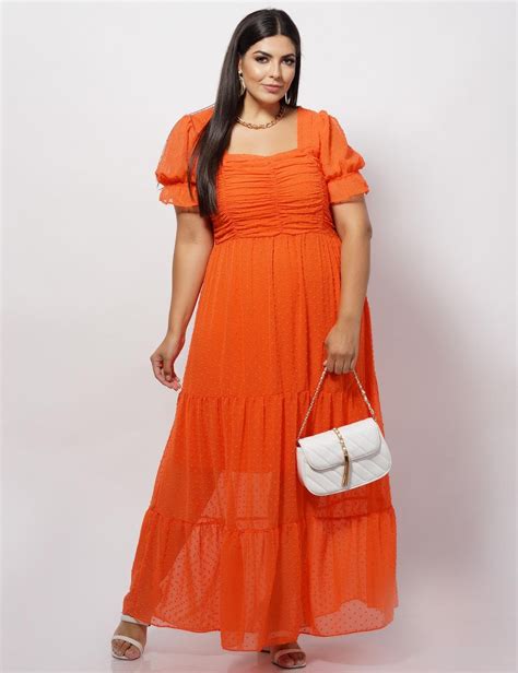 Vestido Longo Chiffon Pipoquinha Laranja Dona Charme