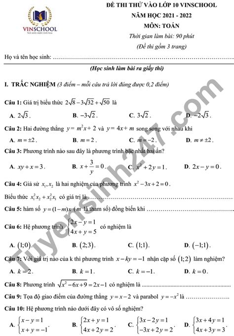 Đề thi thử vào lớp 10 môn Toán trường Vinschool 2021