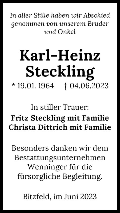 Traueranzeigen Von Karl Heinz Steckling Trauerundgedenken De