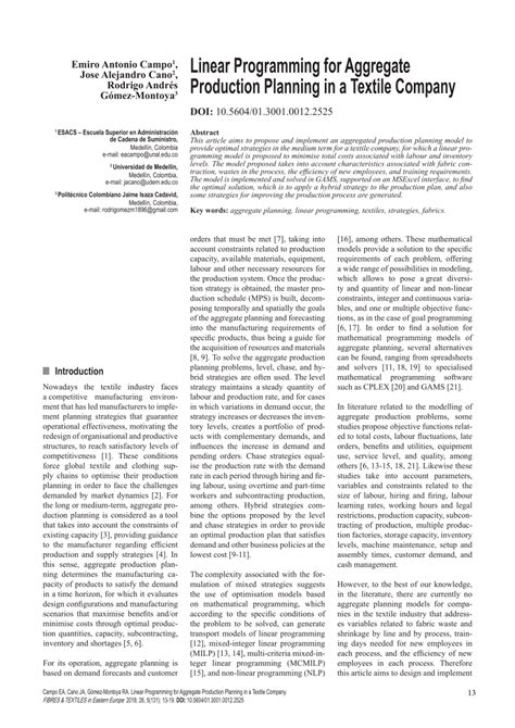 pdf linear programming for aggregate production planning in a textile company