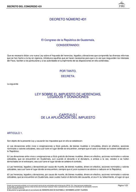 LEY Sobre EL Impuesto De Herencias Legado Y Donaciones Decreto LEY 431