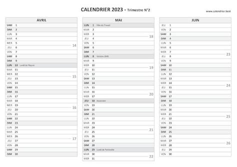 Calendrier 2023 trimestriel à imprimer
