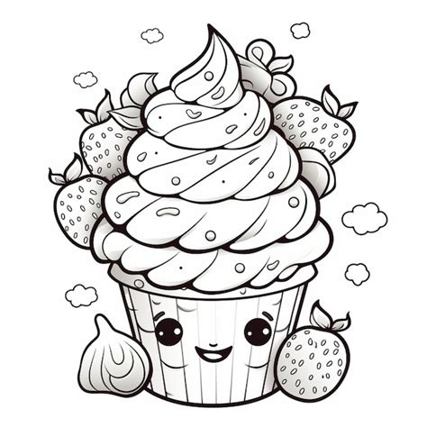 Páginas para colorear de cupcakes con fresas y crema generativa ai
