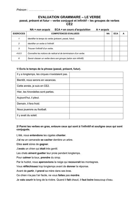 Evaluation Grammaire Le Verbe Ce2