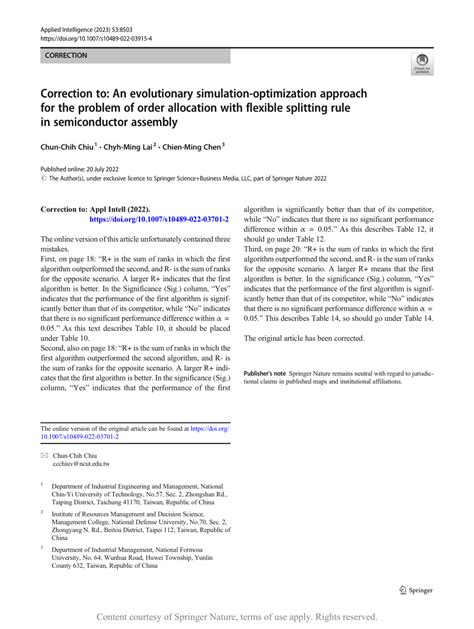 correction to an evolutionary simulation optimization approach for the problem of order