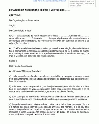 Referência de Estatuto de Associação de Pais e Mestres Modelo Simples