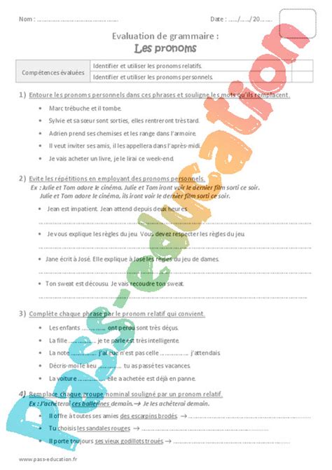 Evaluation Pronom CM1 Cycle 3 Bilan et controle corrigé Pass