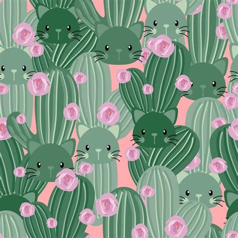 Niedlich Katze Kaktus Vektor Hintergrund Muster Seamless