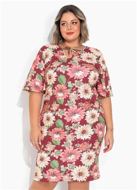 Vestido Floral Marrom Mangas 3 4 Plus Size Marguerite
