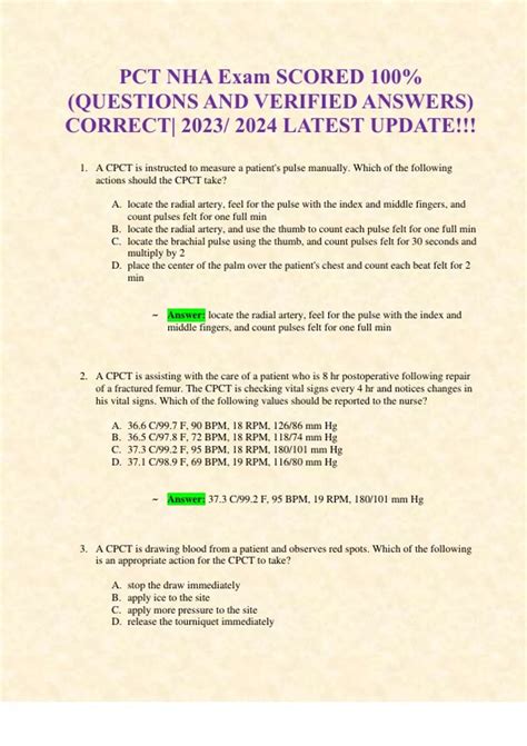 PCT NHA Exam SCORED 100 QUESTIONS AND VERIFIED ANSWERS CORRECT 2023