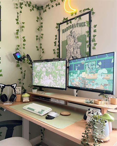 Green Aesthetic Cozy Gaming Setup Room Setup White Desk Setup