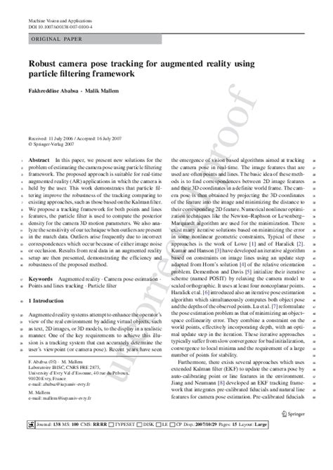 pdf robust camera pose tracking for augmented reality using particle filtering framework
