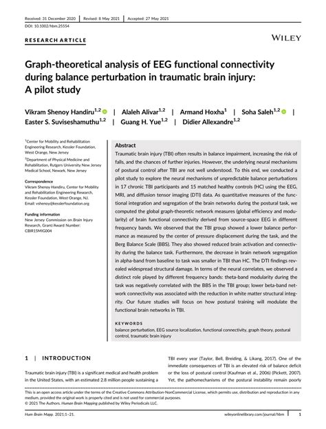 pdf graph‐theoretical analysis of eeg functional connectivity during balance perturbation in