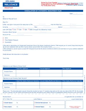 Fillable Online Reliance SIP Cancellation Formpdf Fax Email Print