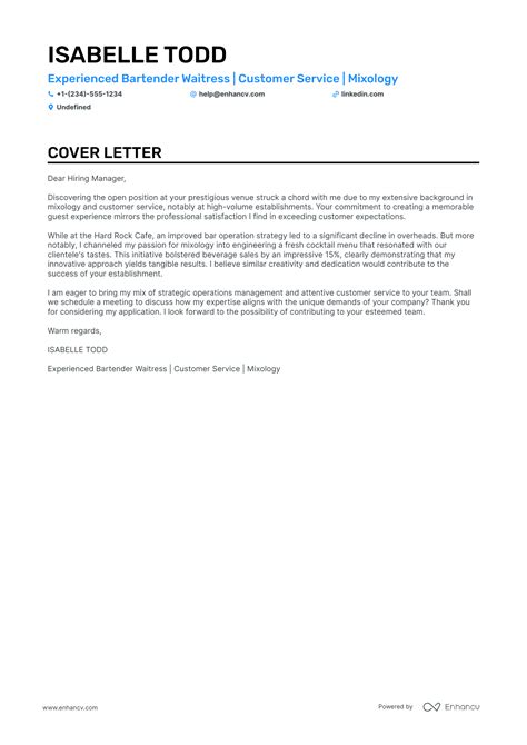 Professional Bartender Waitress Cover Letter Examples And Template For