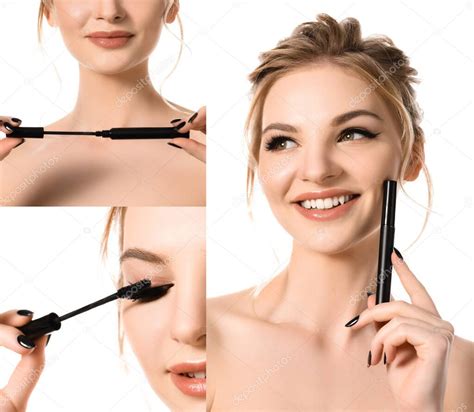 collage de mujer rubia hermosa desnuda sonriente con maquillaje y uñas