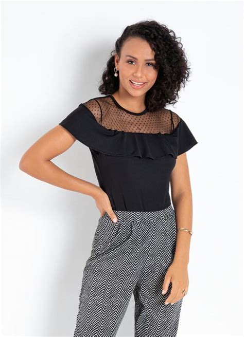 Body Babado Preto E Recorte Em Tule Moda Pop