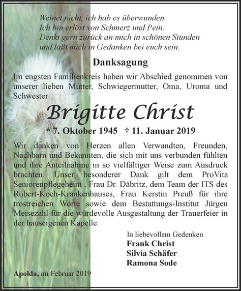 Traueranzeigen Von Brigitte Christ Trauer In Thueringen De