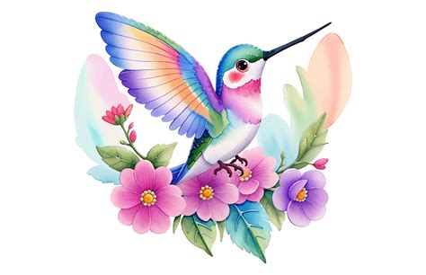 Cute Hummingbird With Flowers Watercolor Graphic By As Ashik Creative