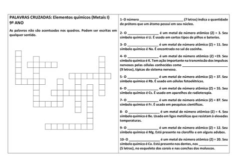 Cruzadinha Tabela Periódica 9 Ano LIBRAIN