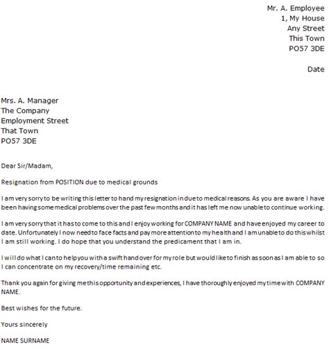 Letter Of Resignation Due To Medical Reasons Icover Org Uk