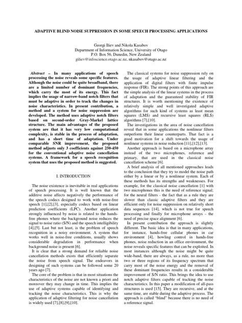 adaptive blind noise suppression in some speech processing applications pdf signal to noise