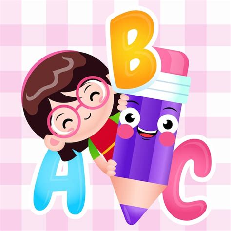 Linda chica de dibujos animados con lápiz con alfabeto Vector Premium