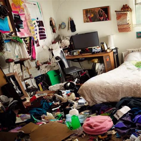 Krea Very Messy Bedroom With Random Objects Clothes And Trash Piled High In Between The Tv
