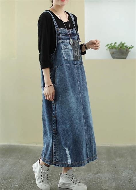 Vivid Denim Blue Tunic Dress Slash Neck Hole Maxi Dress Blue Denim