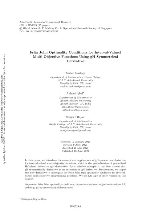 pdf fritz john optimality conditions for interval valued multi objective functions using gh
