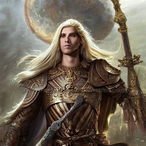Full Body Shot Of Beautiful Male Cleric With Long Flowing Blonde Hair