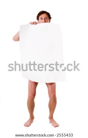 Funny Naked Model Giving Presentation With Blank Poster Stock Photo