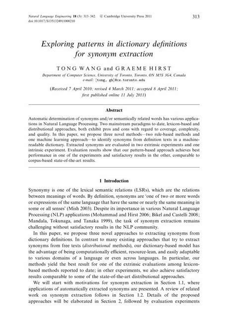 PDF Exploring Patterns In Dictionary Definitions For Synonym