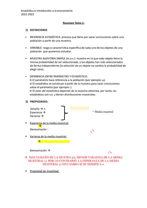 Resumen Tema 1 Estadística e introducción a la econometría 2022