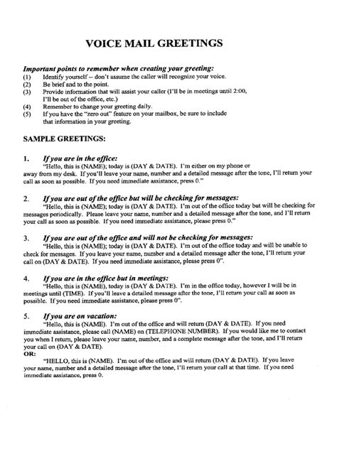 Office Voicemail Message Template PDF Template