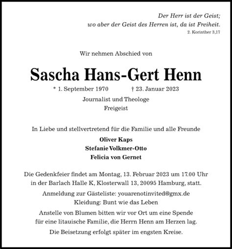 Traueranzeigen Von Sascha Hans Gert Henn Trauer Anzeigen De