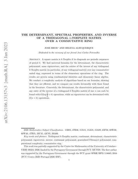pdf the determinant spectral properties and inverse of a tridiagonal k toeplitz matrix