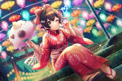Safebooru Blush Brown Eyes Brown Hair D4dj Dress Kimono Long Hair Ohnaruto Muni Smile Wink